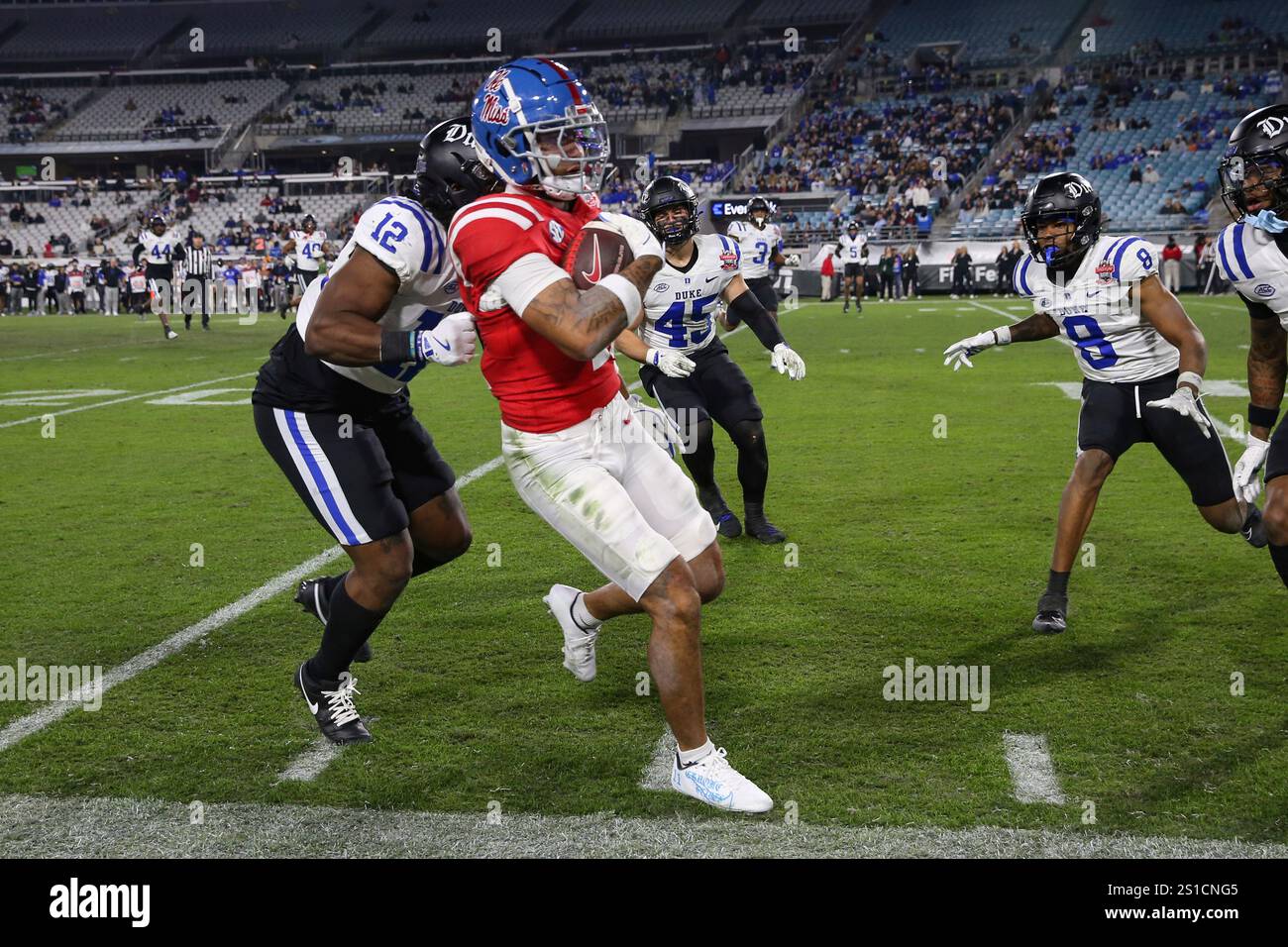 Mississippi wide receiver Jordan Watkins after a catch is forced out of bounds by Duke ...
