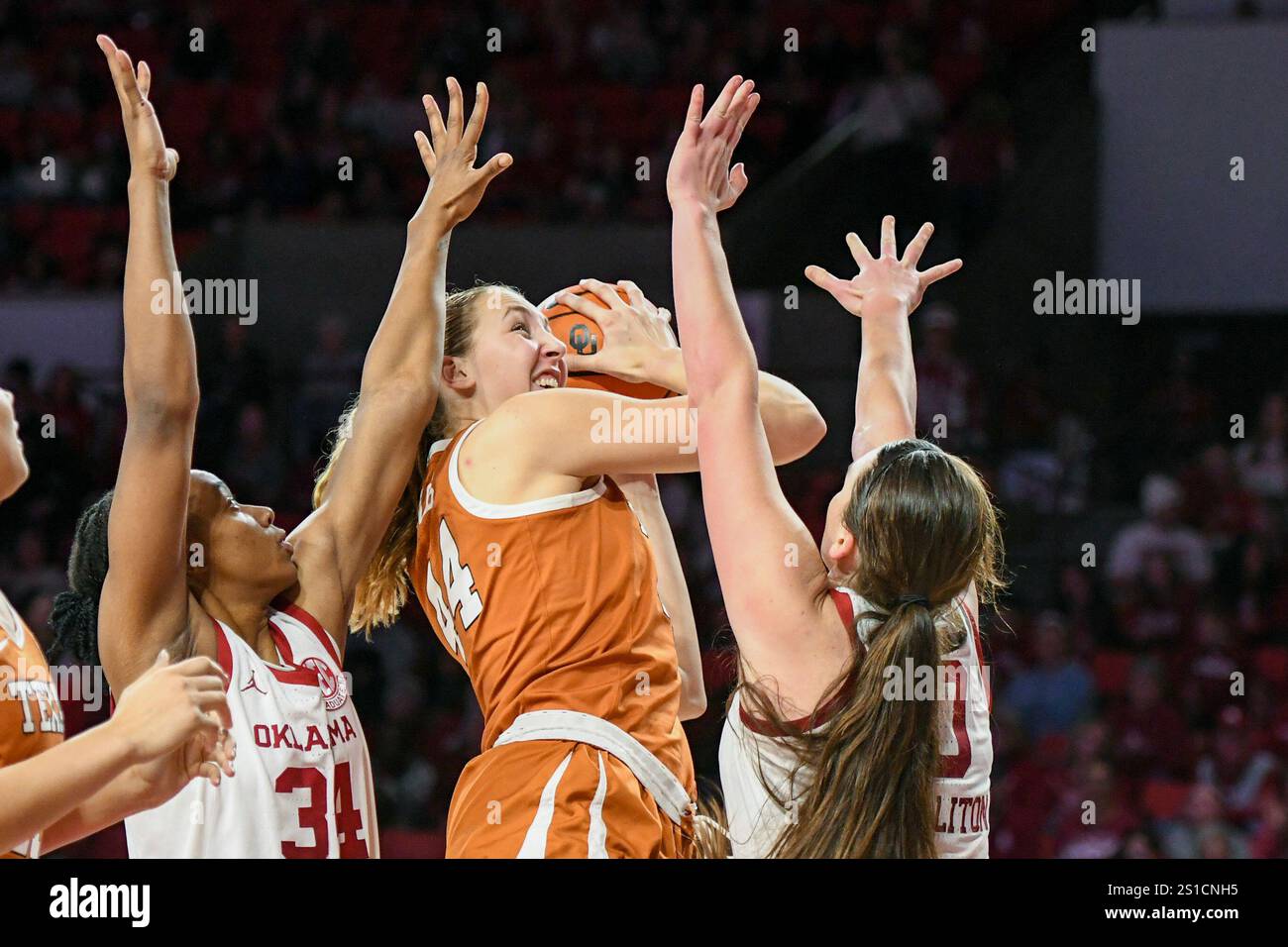 Texas forward Taylor Jones, middle, shoots over Oklahoma forward Liz ...