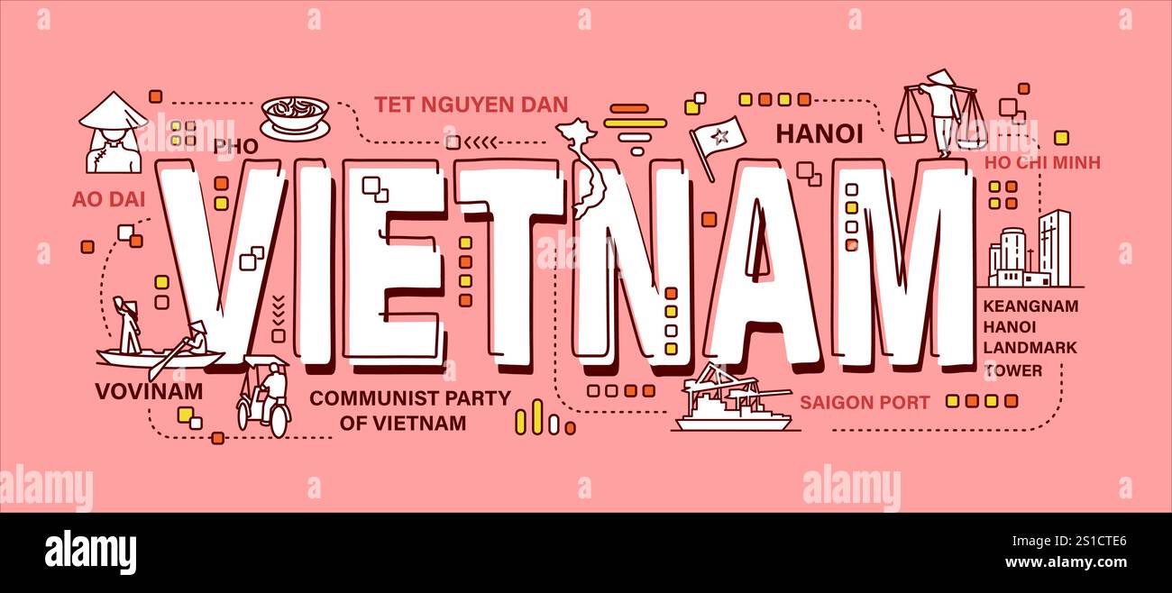 Vietnam . Word and outline icon on solid color background . Vector ...