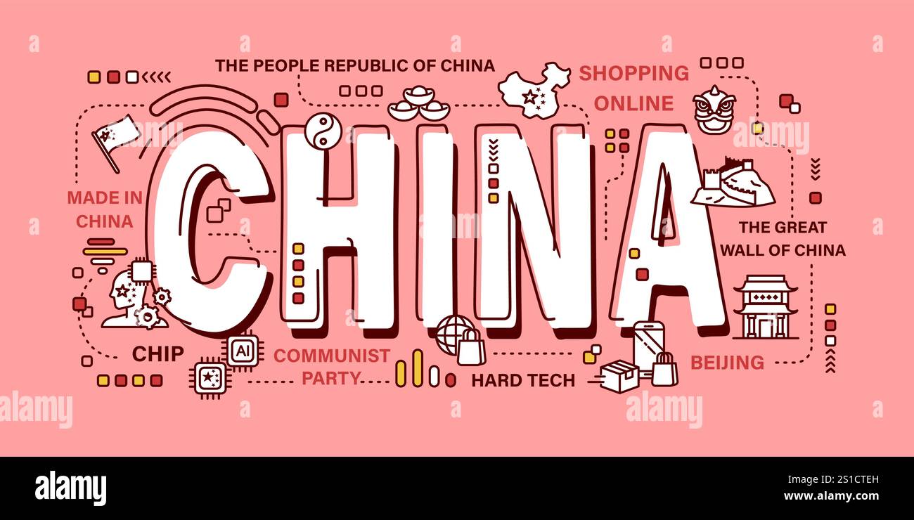 China . Word and outline icon on solid color background . Vector Stock ...