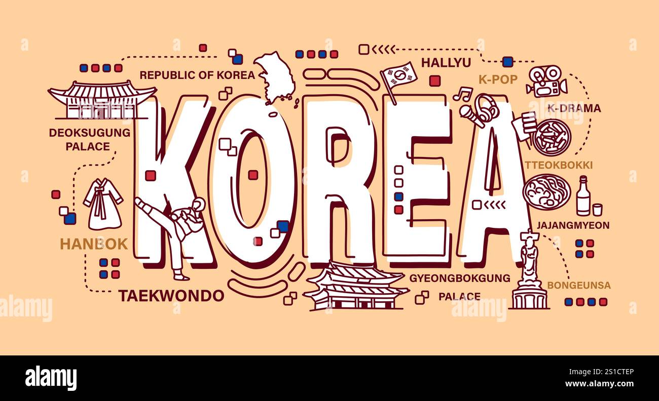 South Korea . Word and outline icon on solid color background . Vector ...