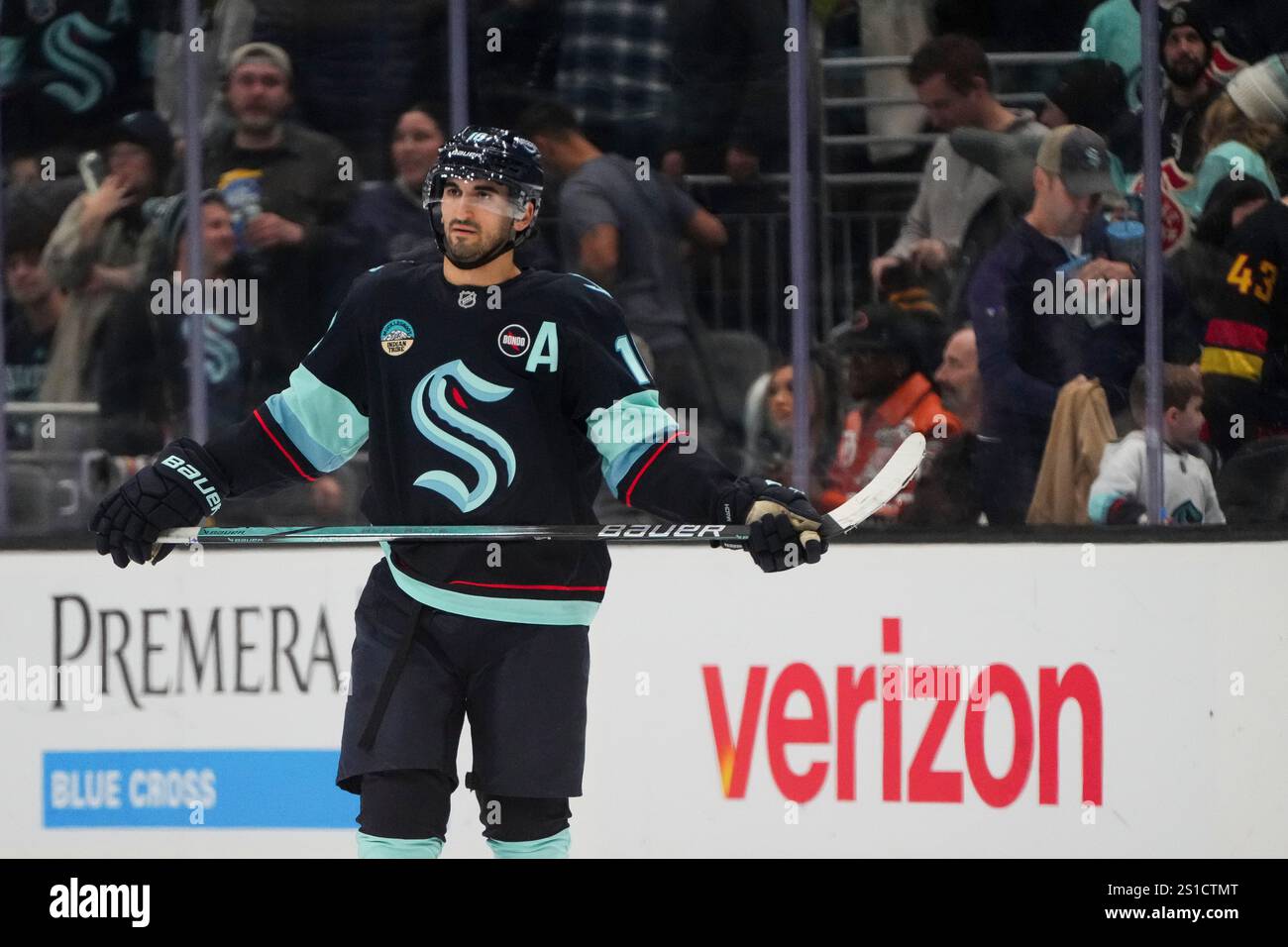 Seattle Kraken center Matty Beniers reacts after having his shot saved ...