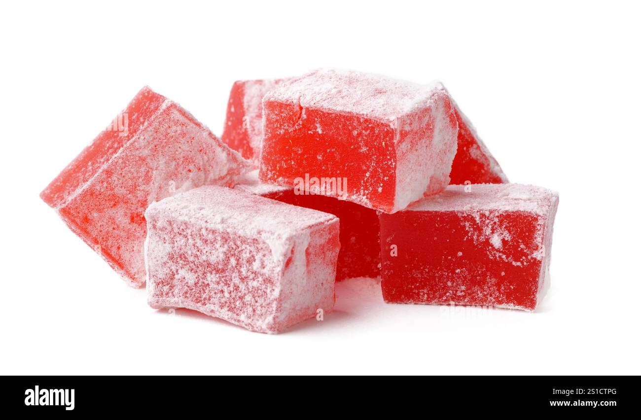 Delicious red gummies coated in powdered sugar, ready to be enjoyed as ...