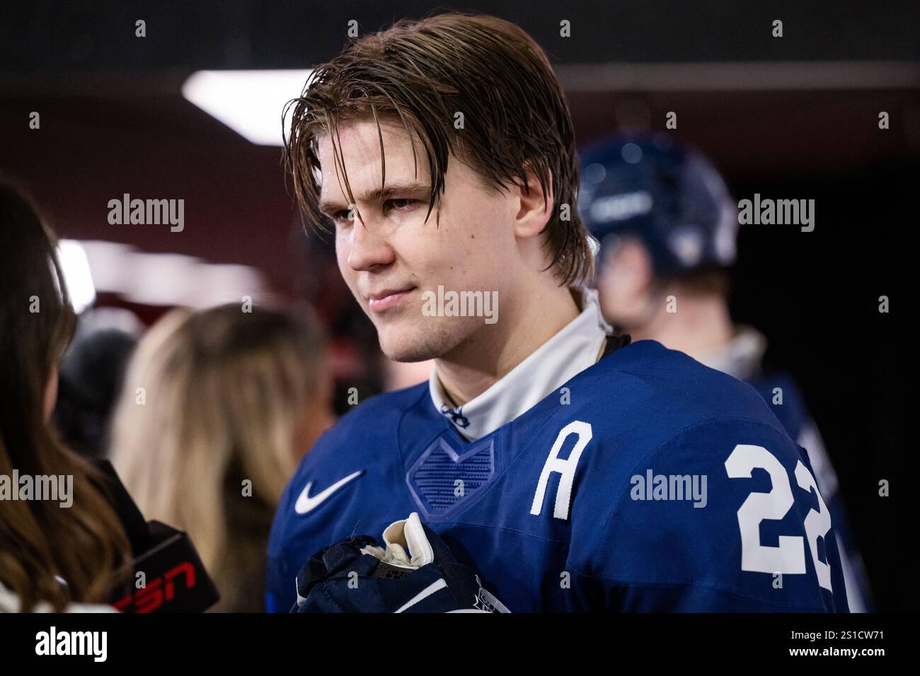Kasper Halttunen of, Finland. , . is interviewed after the 2025 IIHF ...