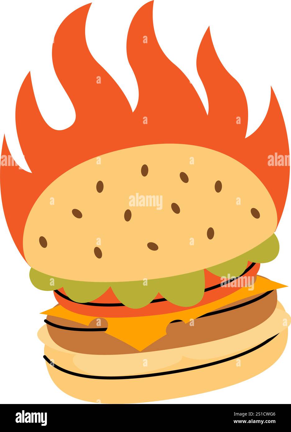 Burger with fire behind. Traditional American fast food. Vector ...