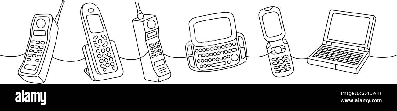 Retro phones one line continuous drawing. Old fashioned phones, mobile ...