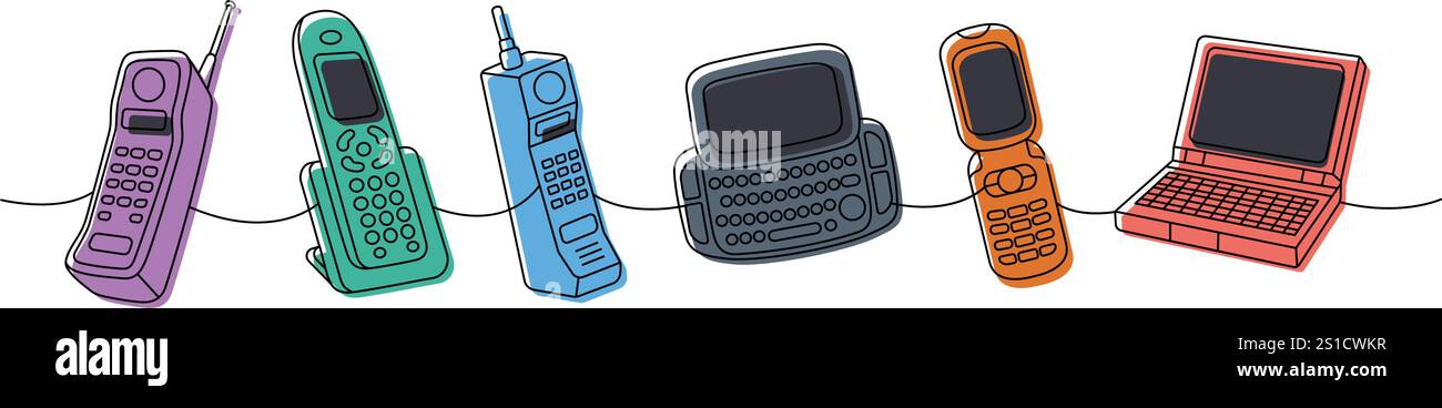 Retro phones one line colored continuous drawing. Old fashioned phones ...