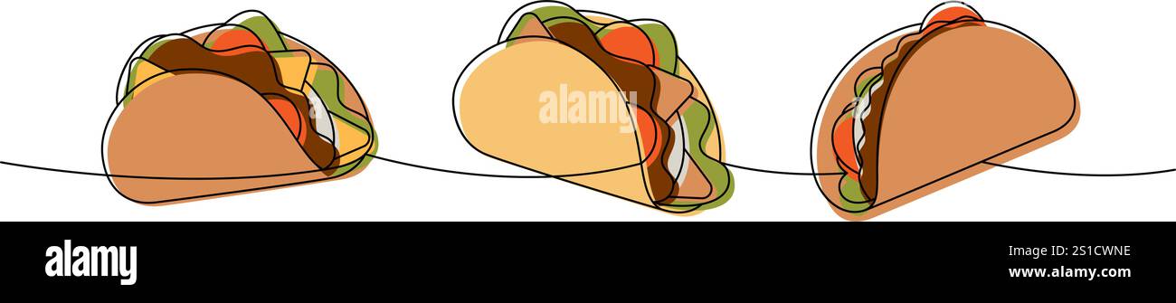 Mexican tacos one line colored continuous drawing. Tacos tortilla with ...