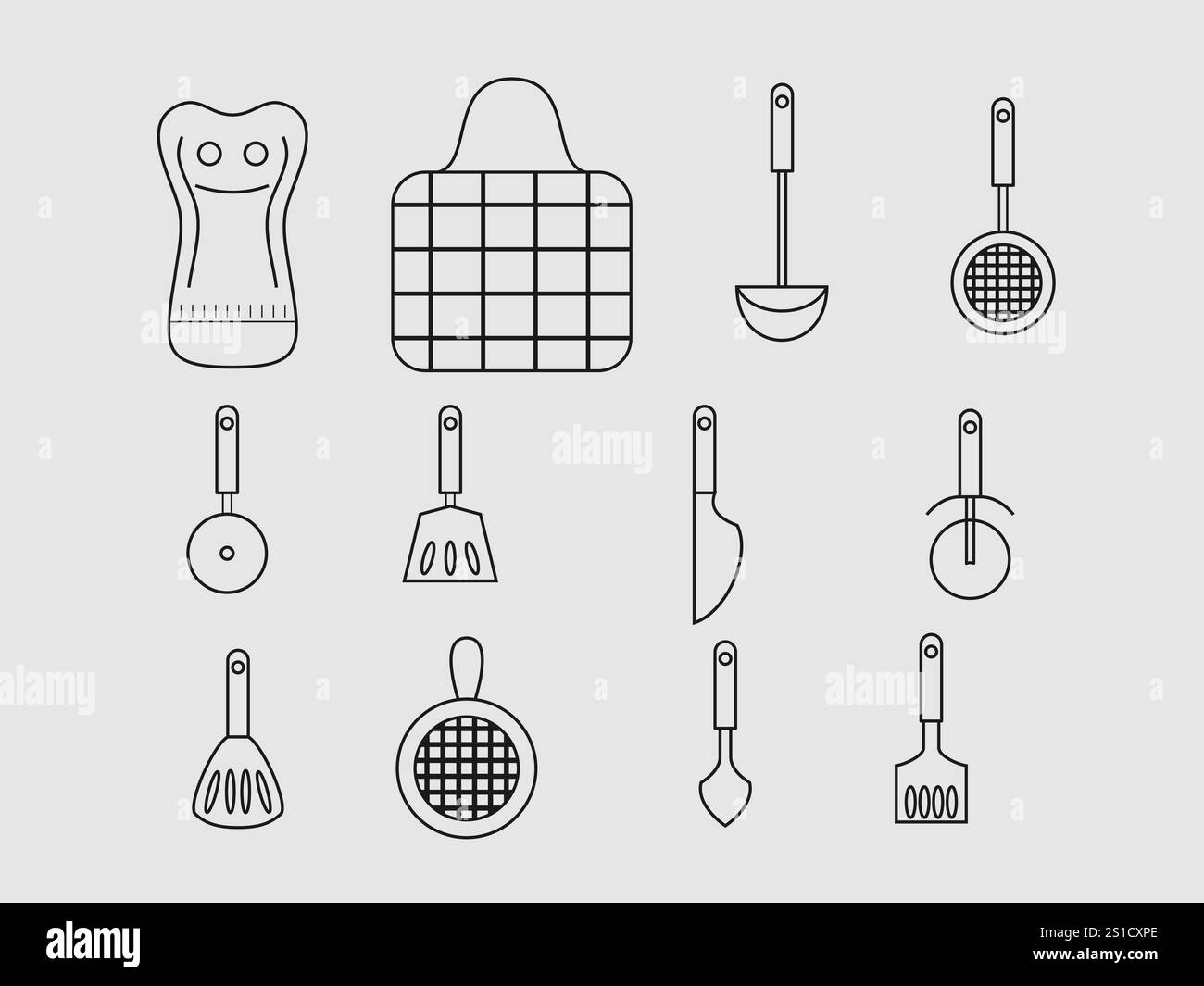 The image showcases a collection of kitchen utensils and tools depicted ...