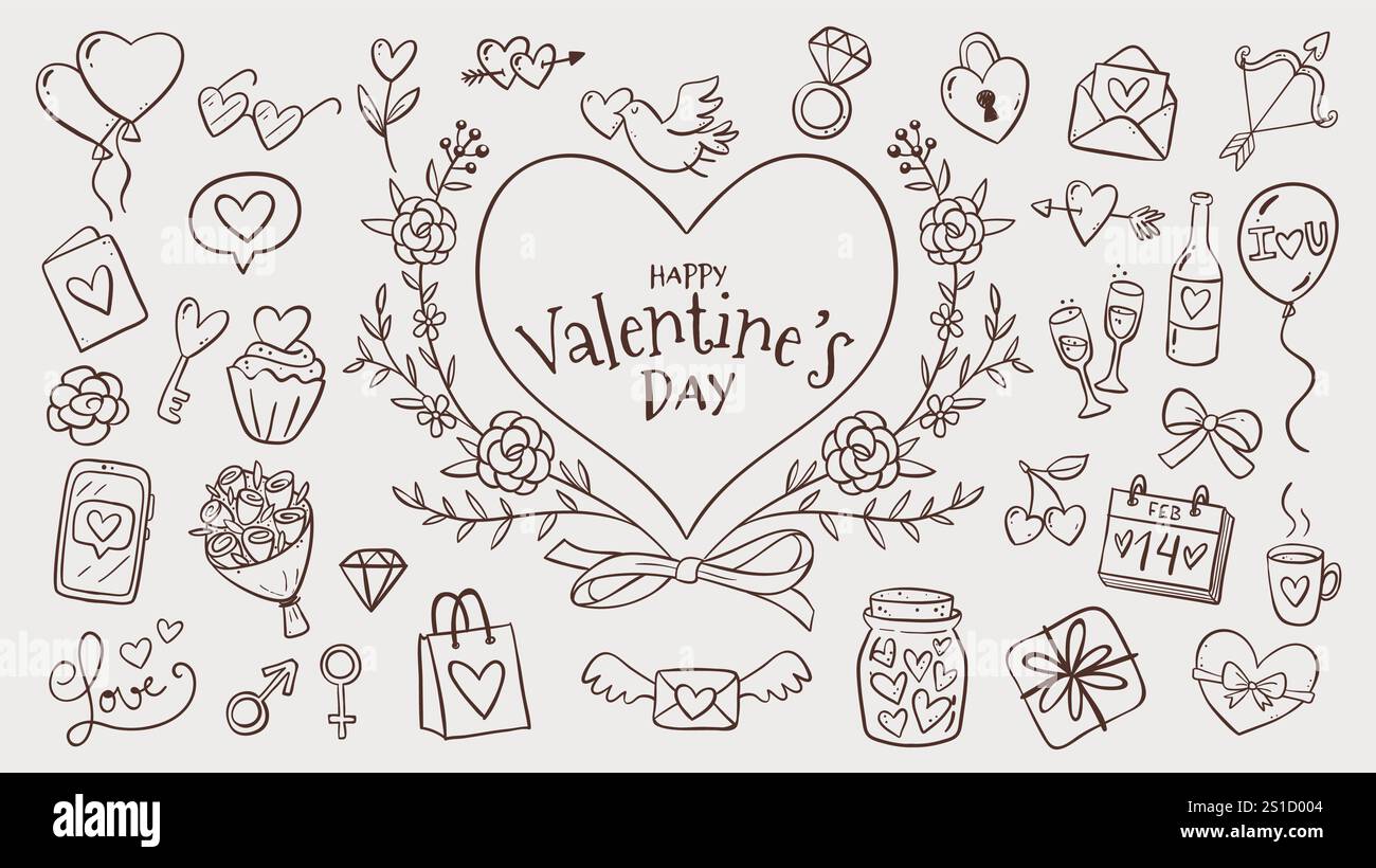 Cute hand-drawn Valentine Day doodle items, perfect for decorating gift ...