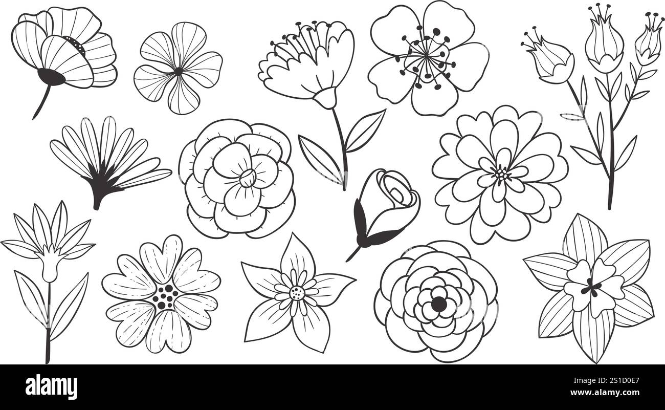 Cute hand-drawn doodle floral set, perfect for decorating surfaces ...