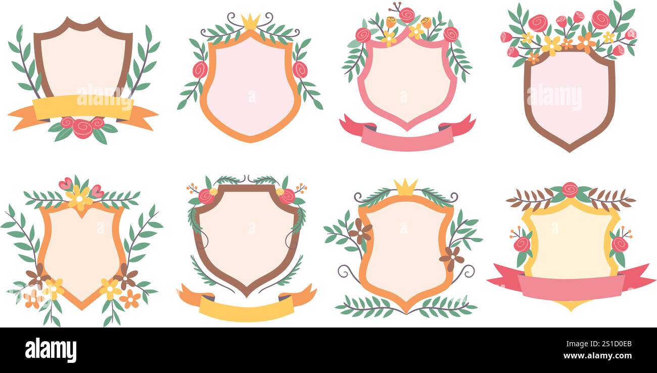 Cute hand-drawn colorful floral decorative shield set, perfect for your ...