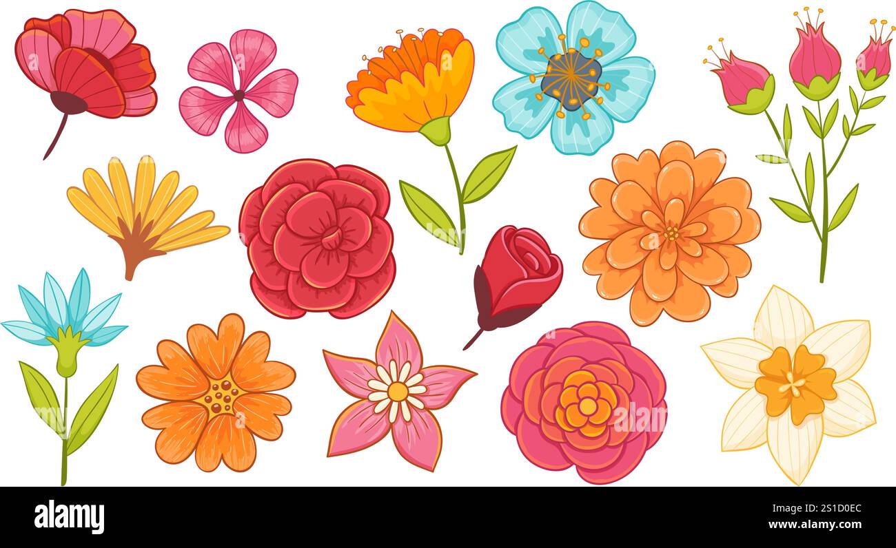 Cute hand-drawn colorful floral set, perfect for decorating surfaces ...