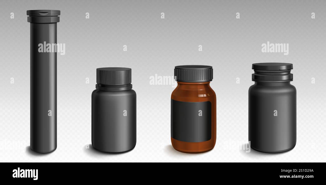 Black pharmaceutical containers of different sizes for storing medical ...