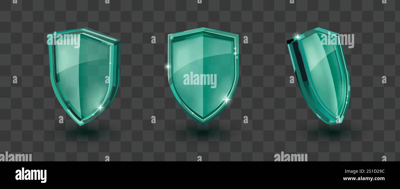 Green glass shields set isolated on transparent background. Vector ...