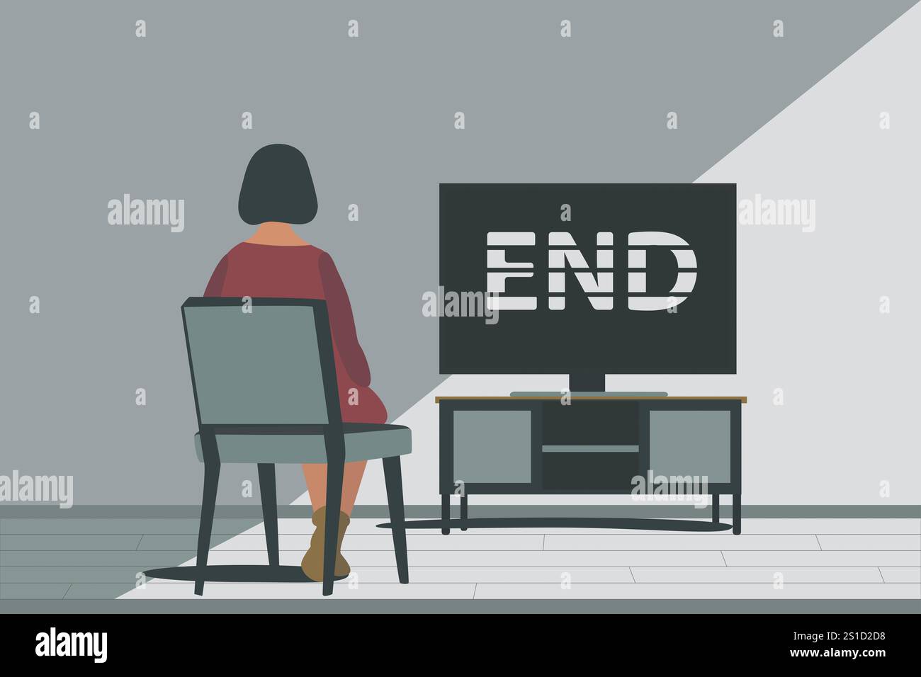 end of thing concept, sad woman sitting and watching television in ...