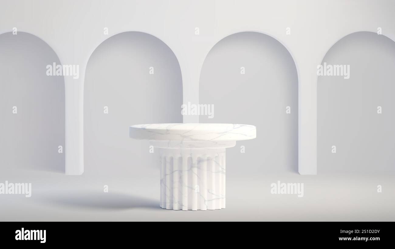 Marble column with fluted shaft stands against arch curved gallery ...
