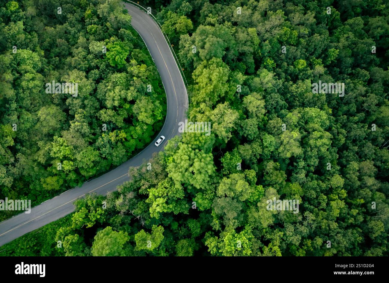 Aerial top view of electric vehicle driving on highway road in green ...