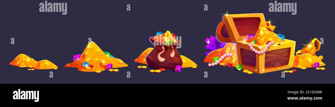 Treasure chest and piles of gold set isolated on black background ...