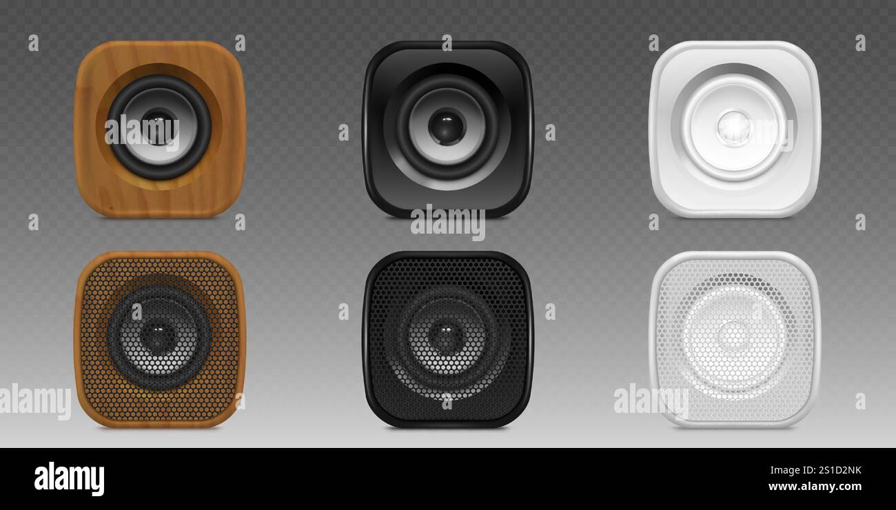 Square sound speaker systems in wooden, black and white box designs ...