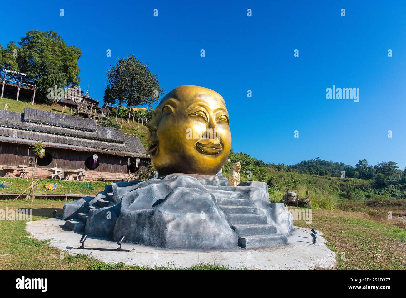 Bamboo Bridge and Buddhist temple in northern Thailand near Mae Hong ...