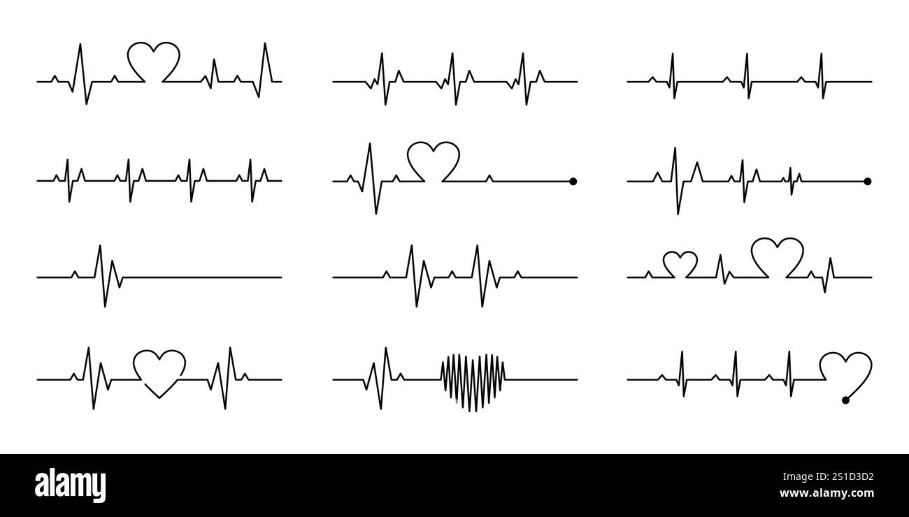 heart rhythm illustration with editable stroke, cardiogram line ...