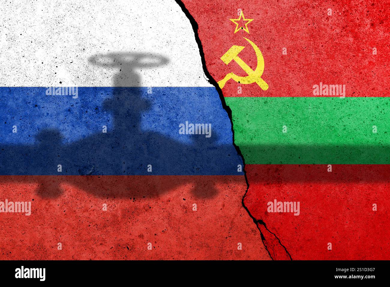 Russian and Transnistrian flags painted on a concrete wall with gas ...