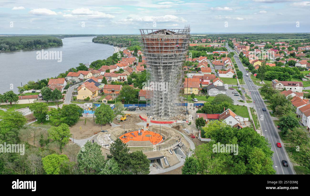 Vukovar, Slavonia, Croatia: Aerial drone view, famous water tower under ...