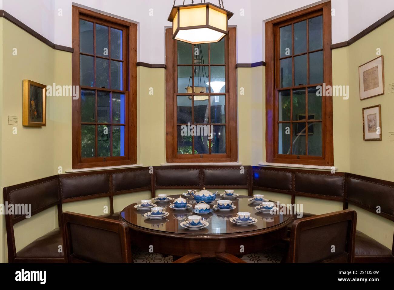Porcelain tea set on display inside Bialik House built in 1925, which ...