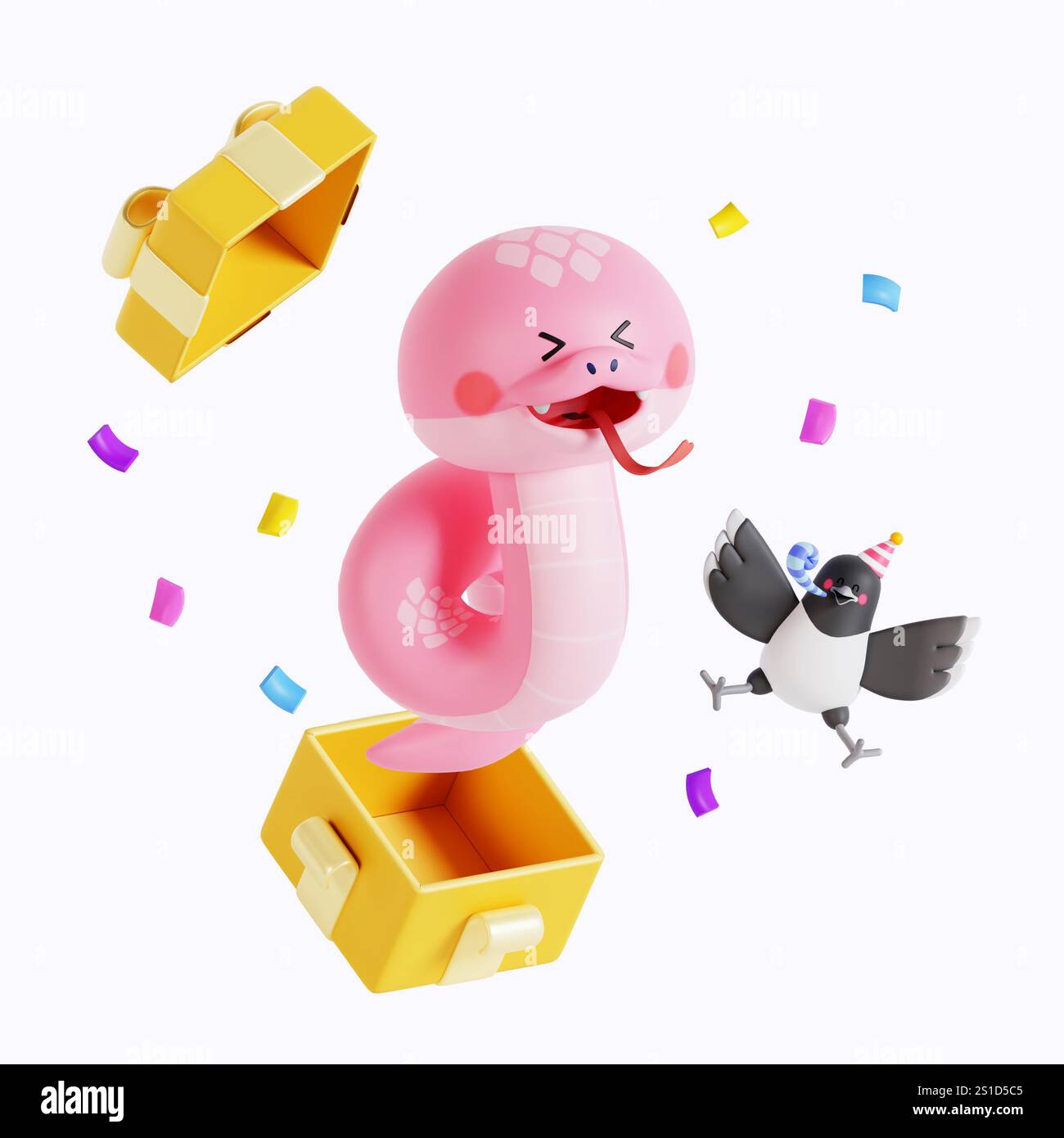 A snake jumping out of a gift box and a magpie celebrating Stock Photo ...