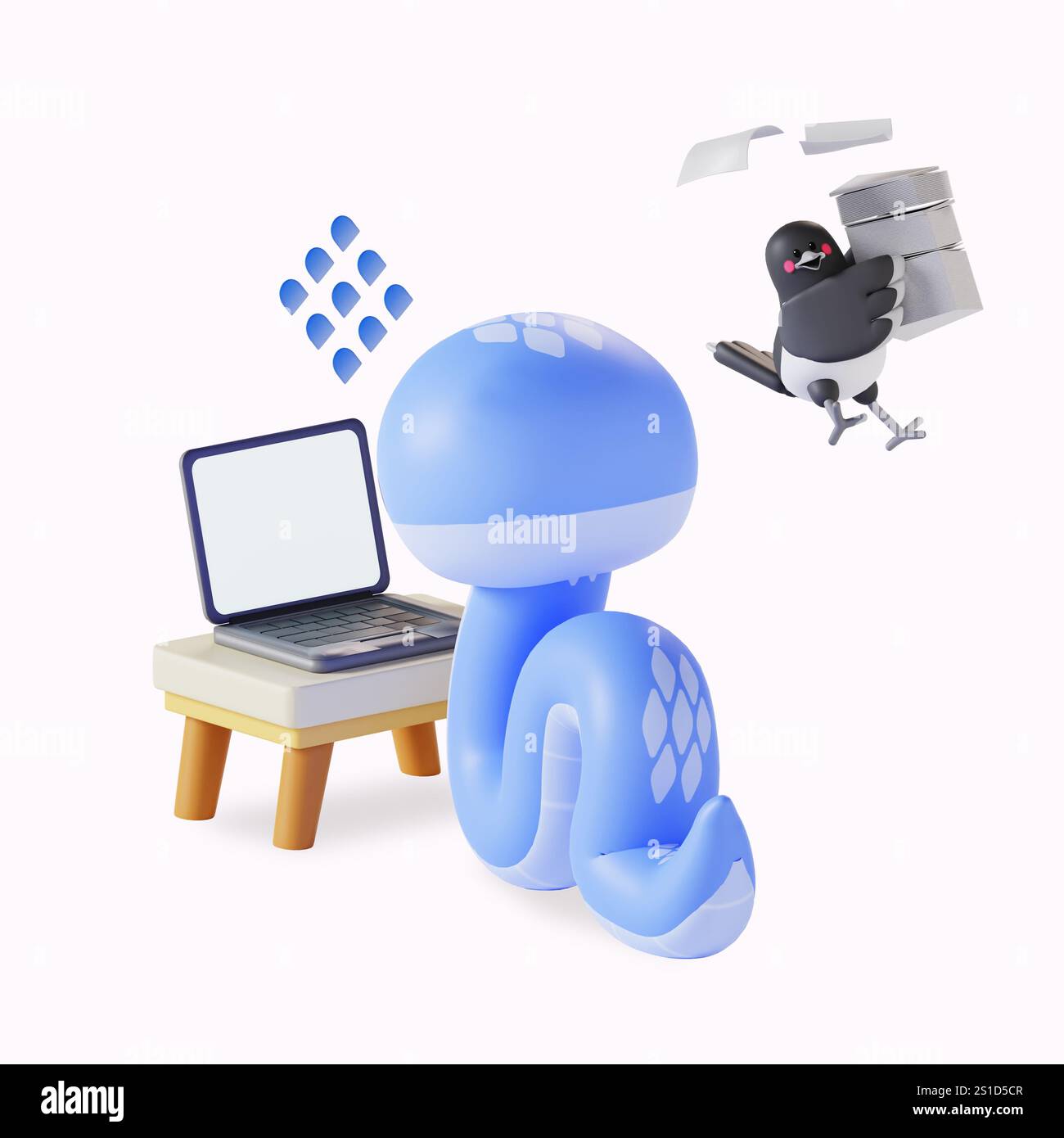 A snake sitting and working in front of a laptop and a magpie holding a ...