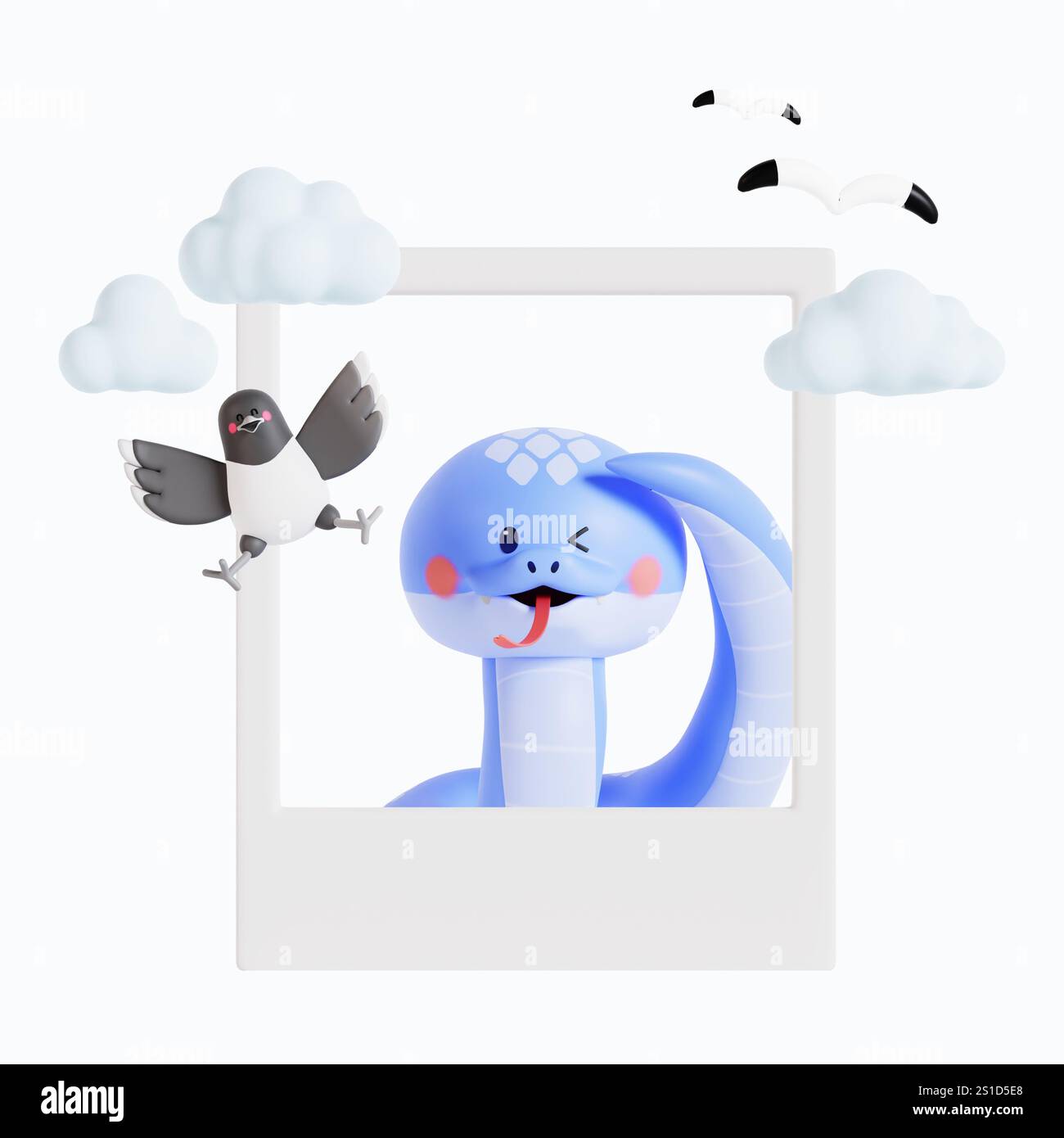 A snake and a magpie taking pictures inside a Polaroid frame Stock ...