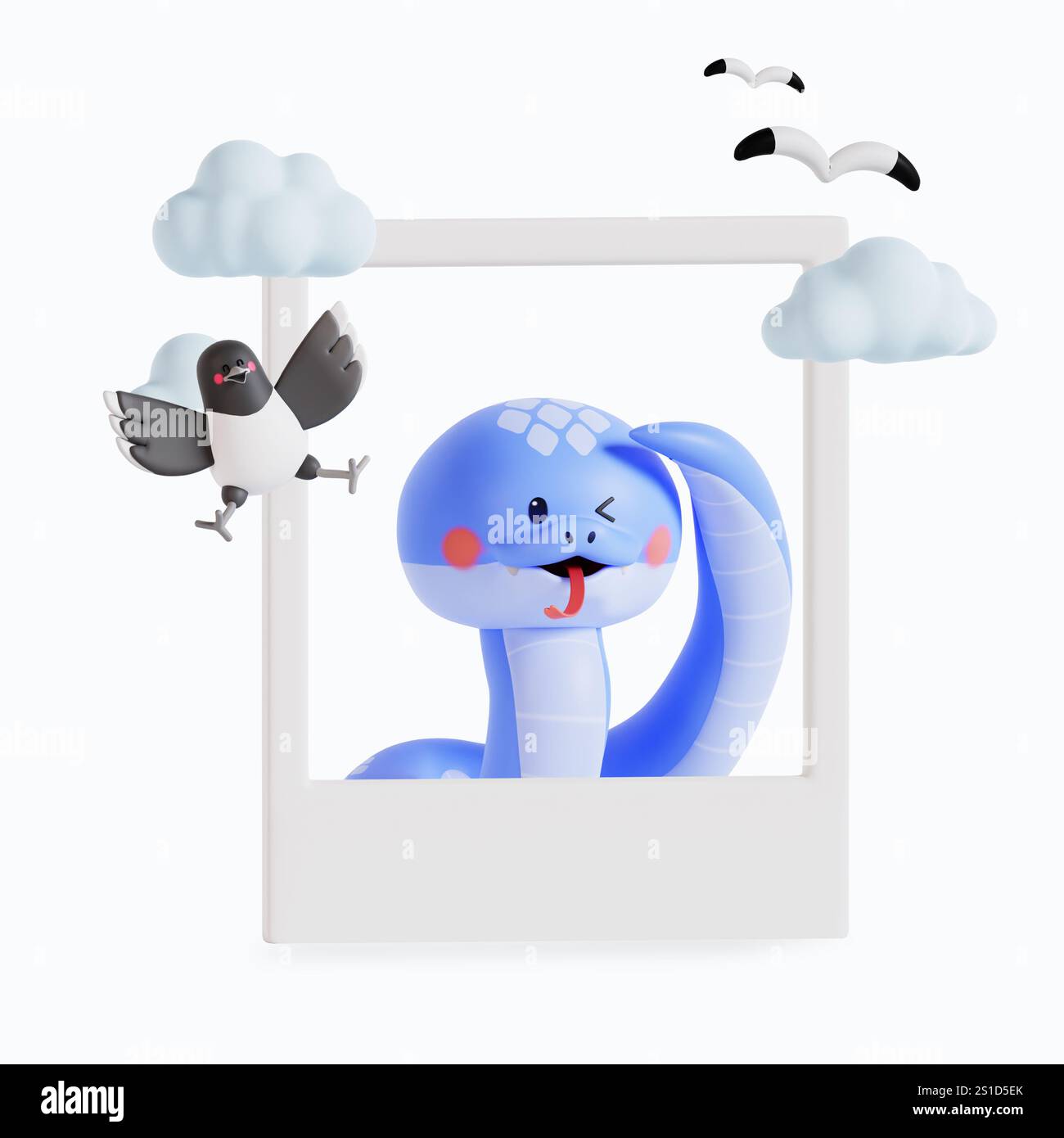 A snake and a magpie taking pictures inside a Polaroid frame Stock ...