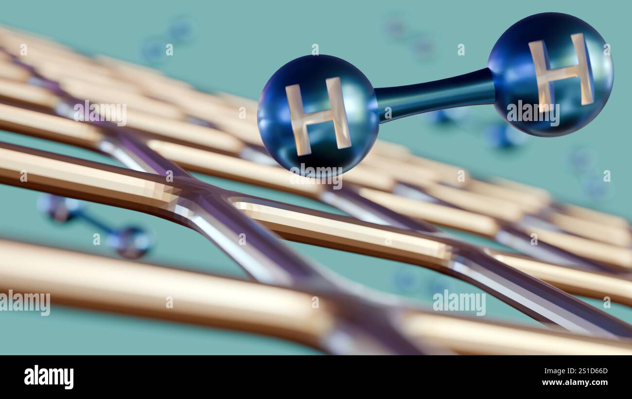 3d rendering of stainless steel structure and scattered hydrogen ...