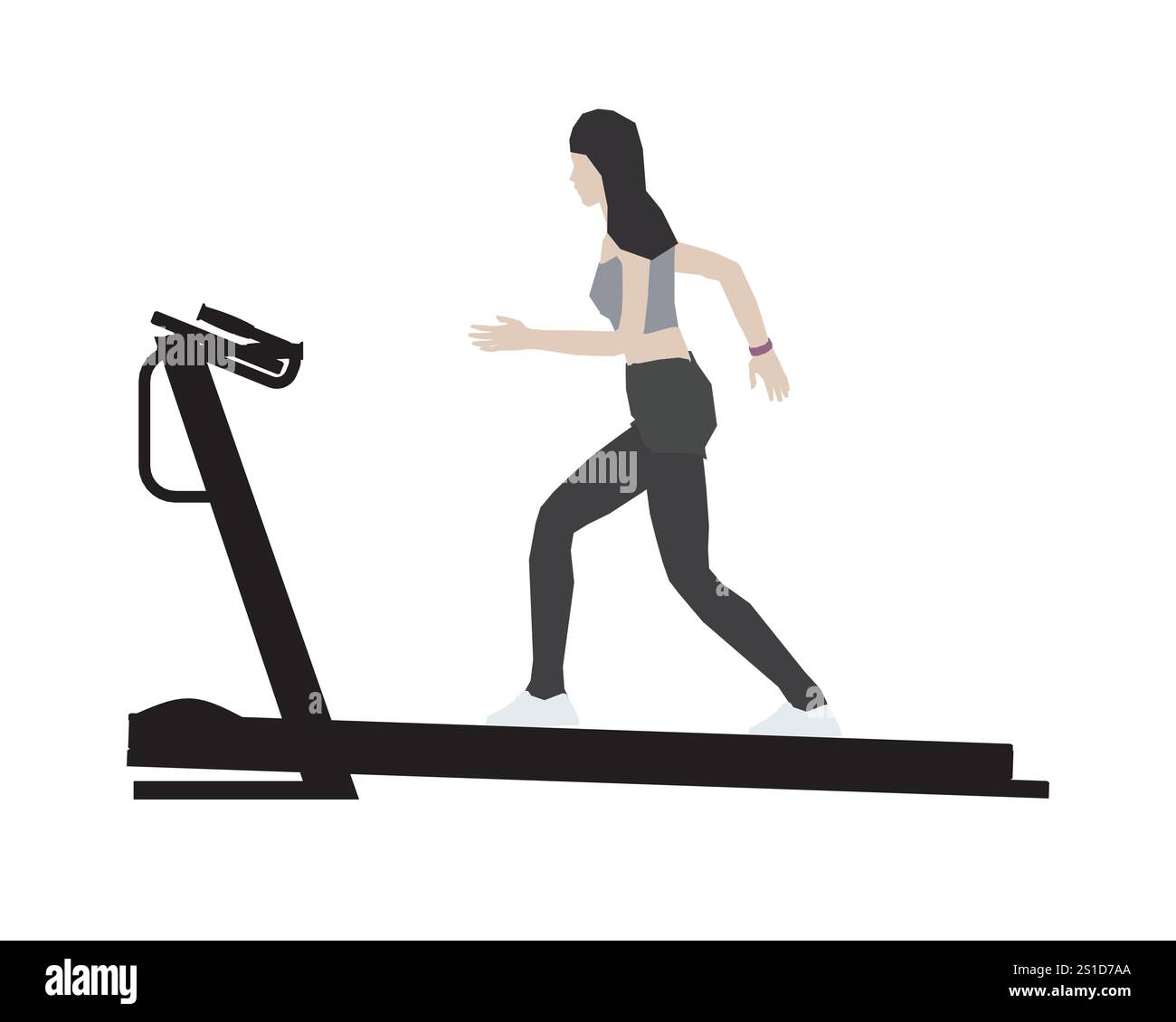 Woman is running on a treadmill. She is wearing a black shirt and black ...