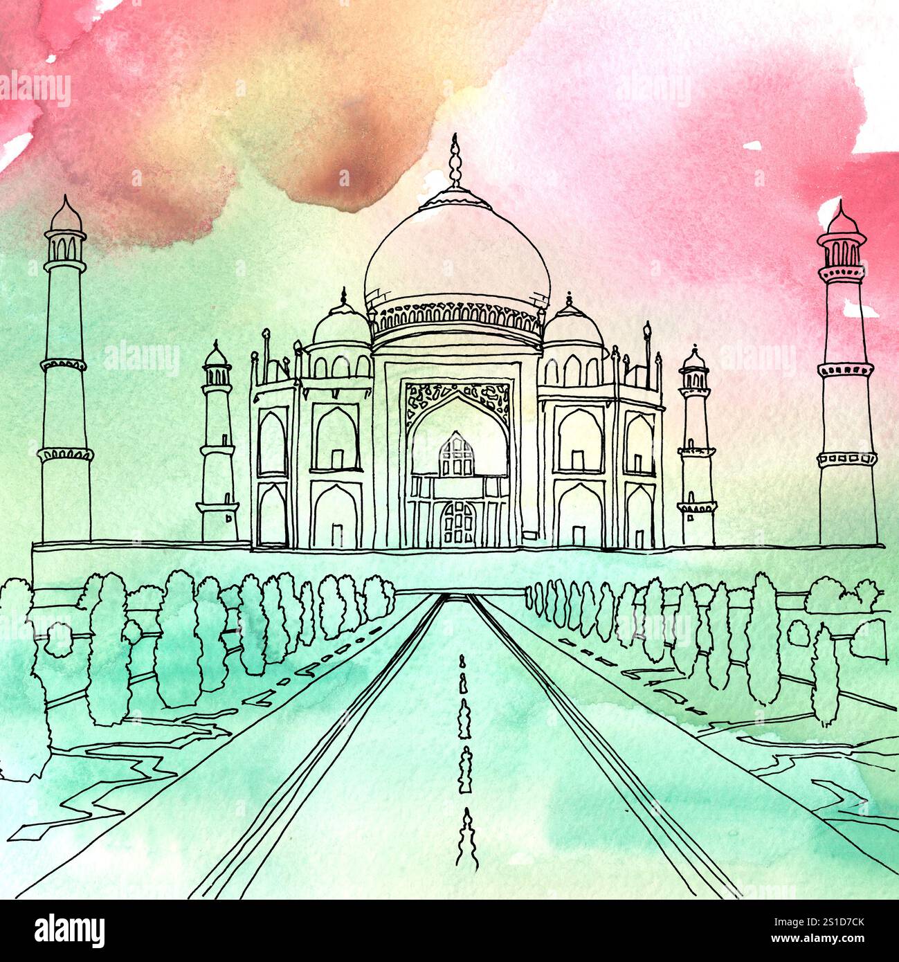 Watercolor and pen drawing of the Taj Mahal. Agra, India Stock Photo ...