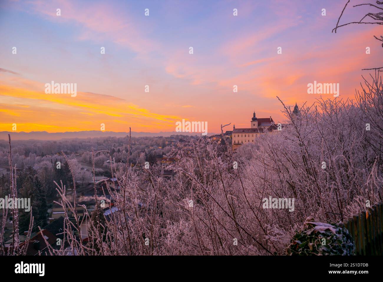 castle ennsegg in enns, upper austria in the morning light in winter ...