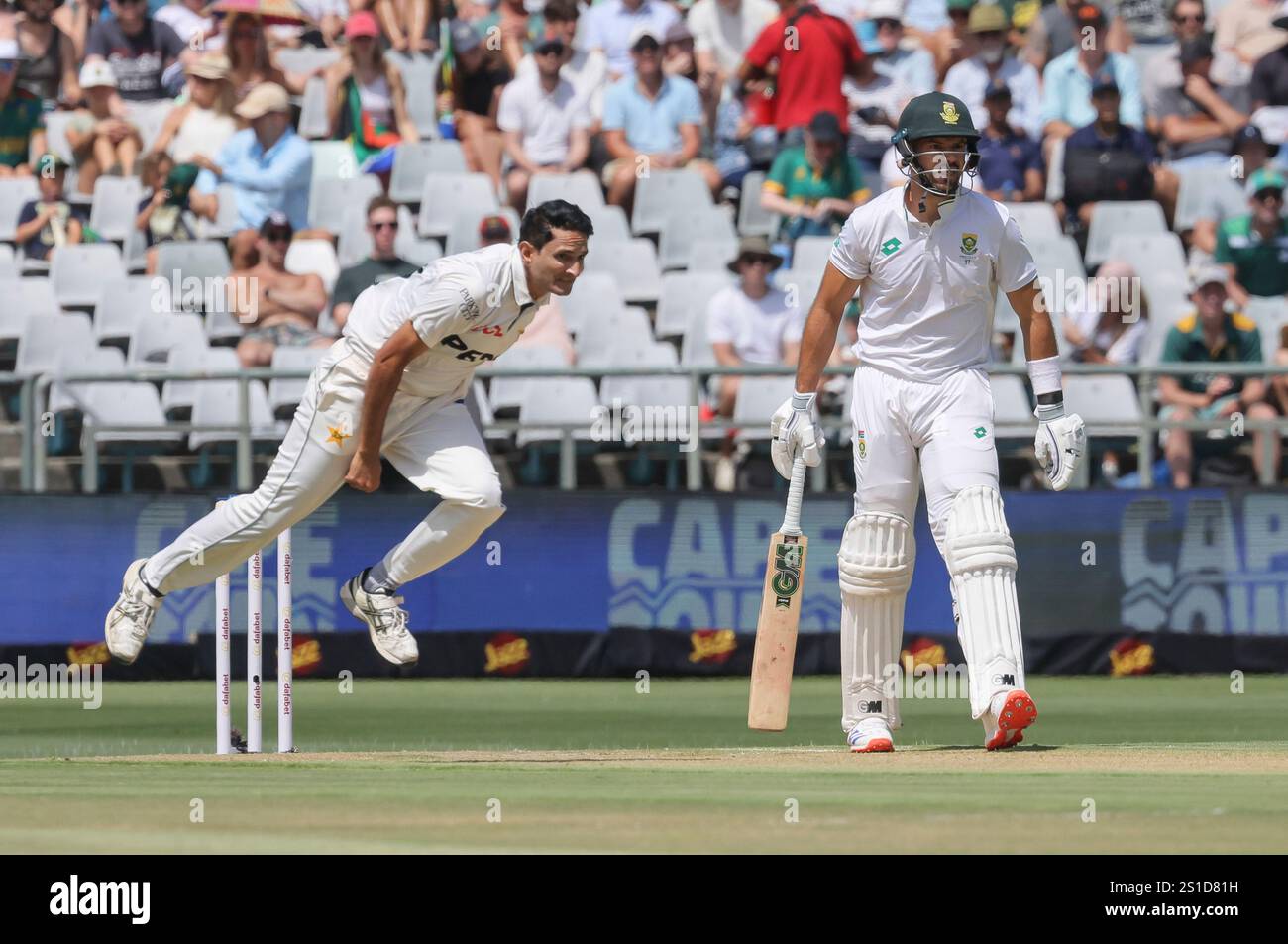 Pakistan bowler Mohammad Abbas in action while South Africa's Aiden ...