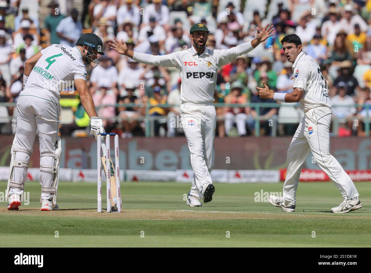 South Africa's Aiden Markram looks on as Pakistan's Shan Masood and ...