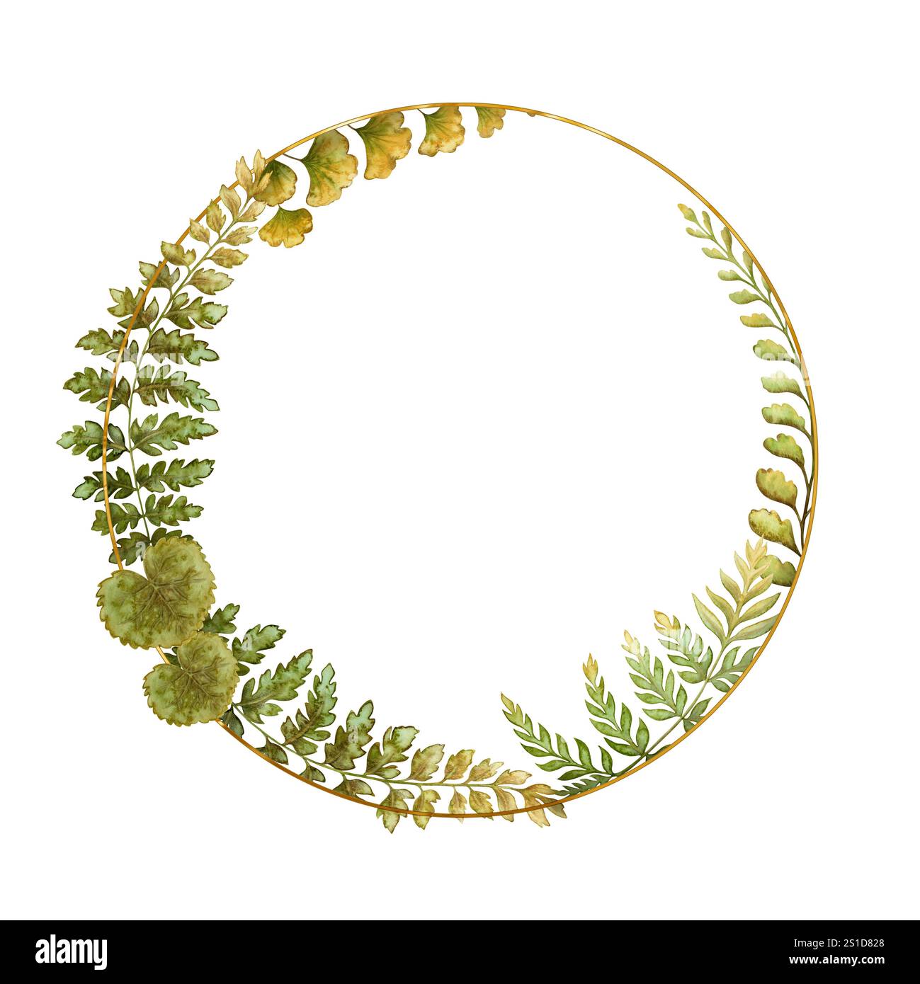 Round frame with fern leaves botanical card template in earth tone ...