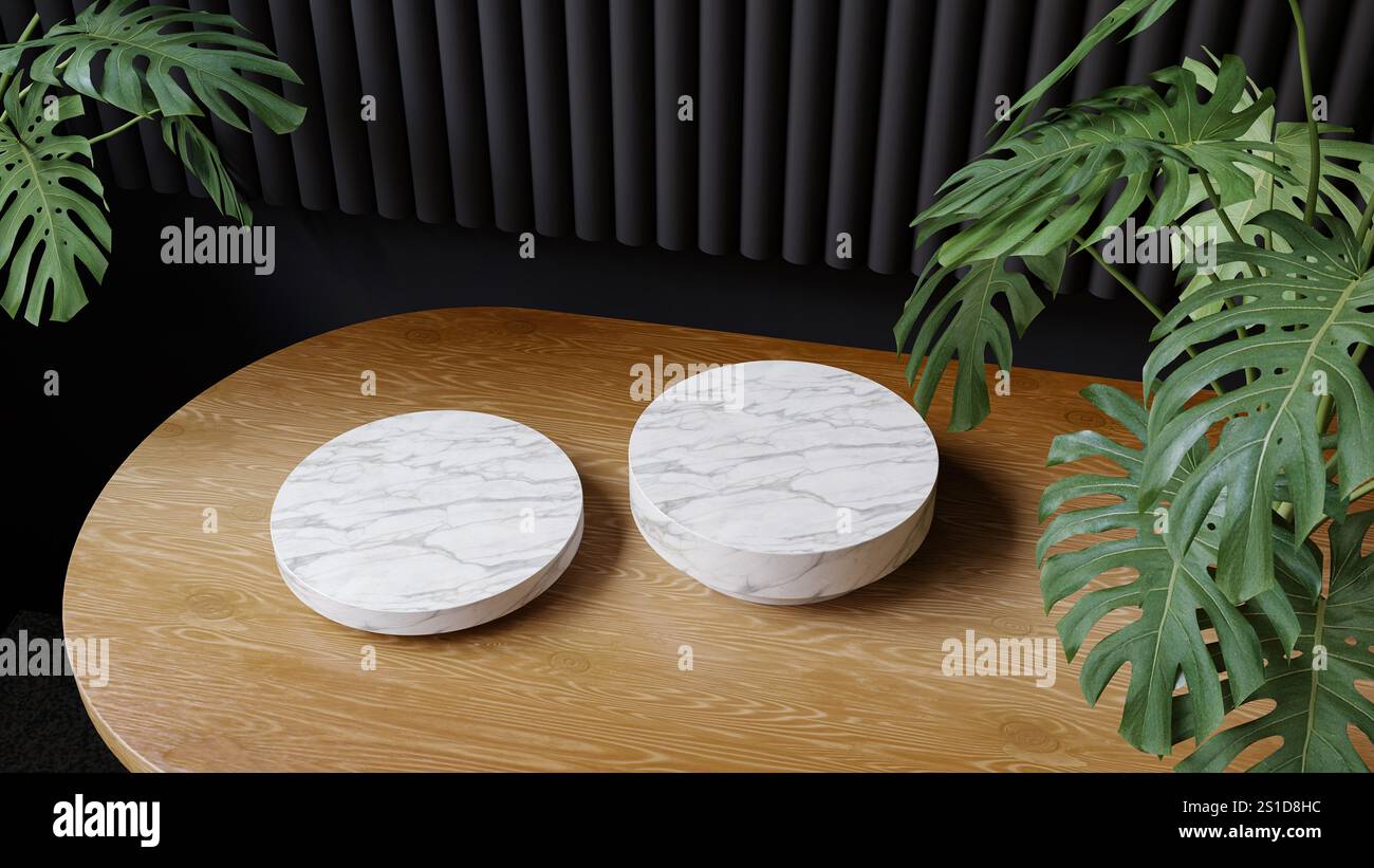 A modern, rounded wooden table as a background for products and ...