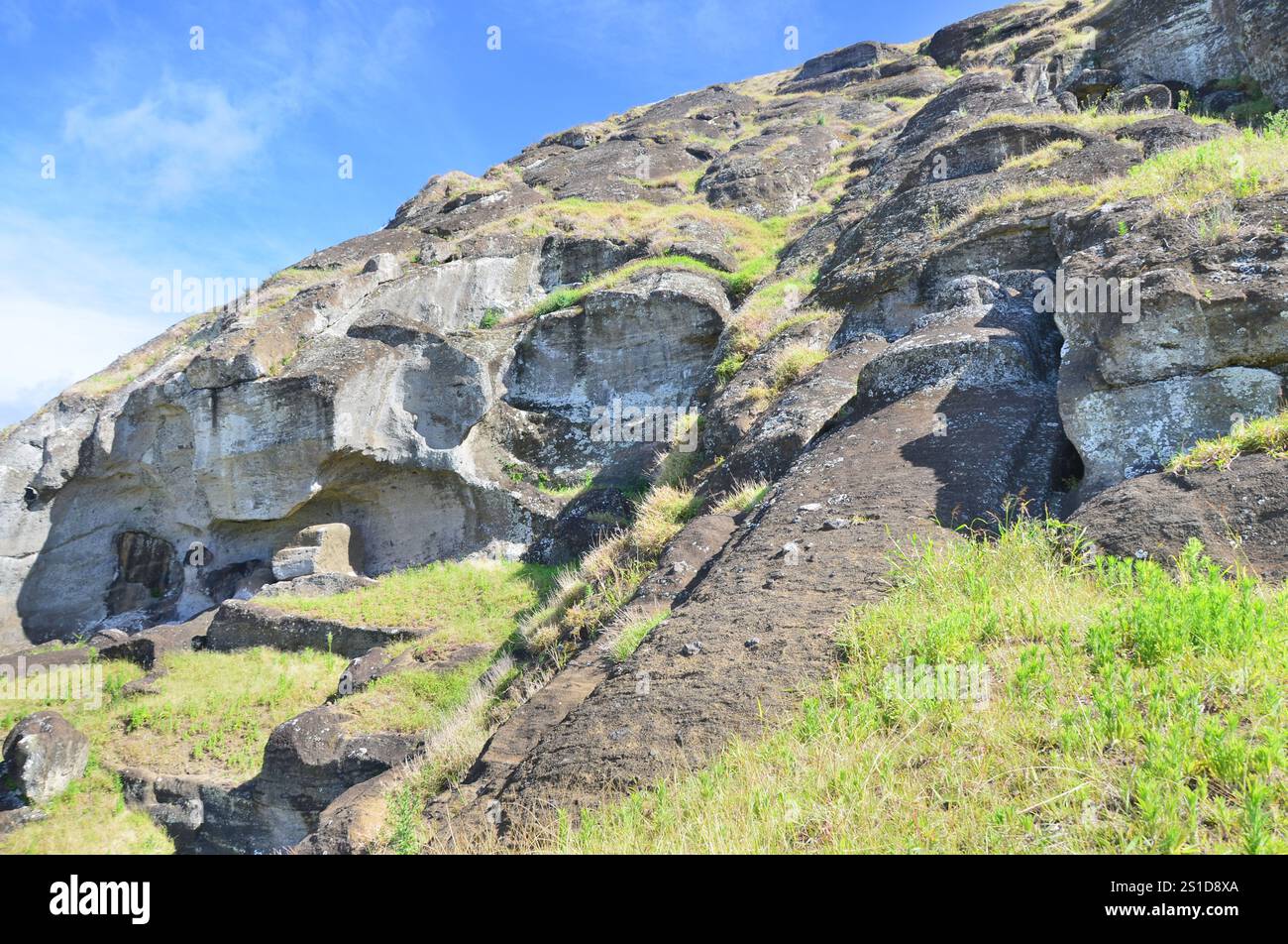 Unfinished Moai called el Gigante left at the Rano Raraku quarry on ...