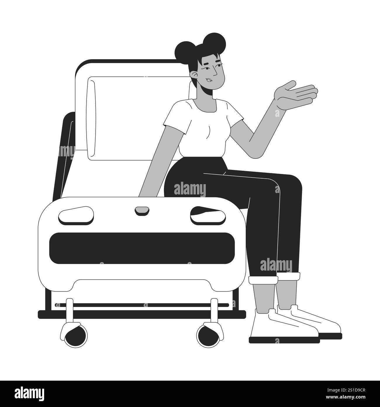 African american female patient seated on hospital bed black and white ...