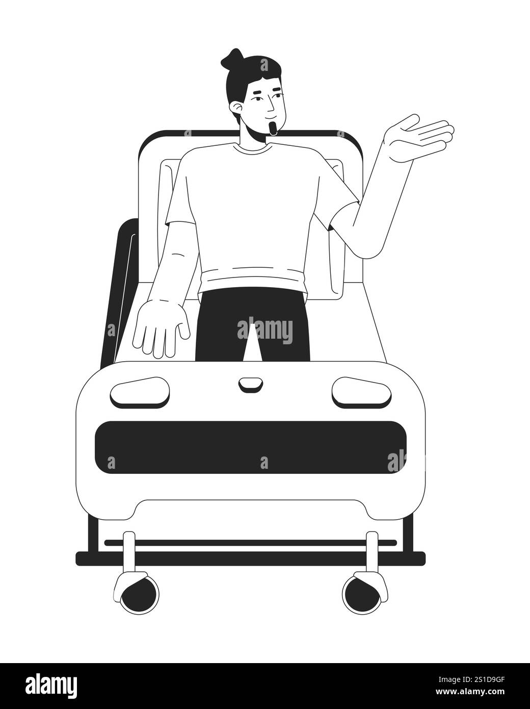 Male patient sitting upright on hospital bed black and white 2D line ...