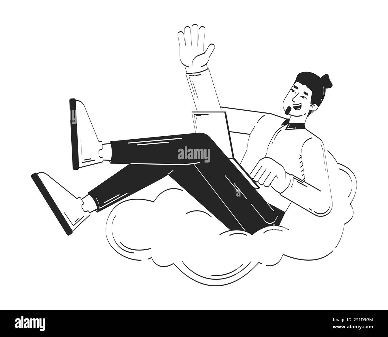 Relaxed male freelancer with laptop waving from fluffy cloud doodle ...