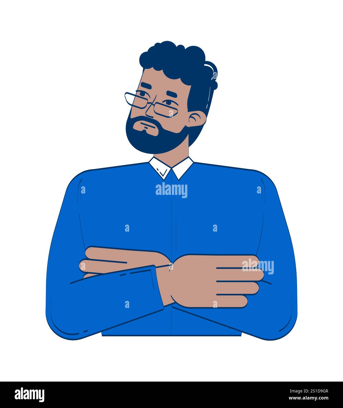 Thoughtful bearded black man in eyeglasses arms crossed 2D doodle ...