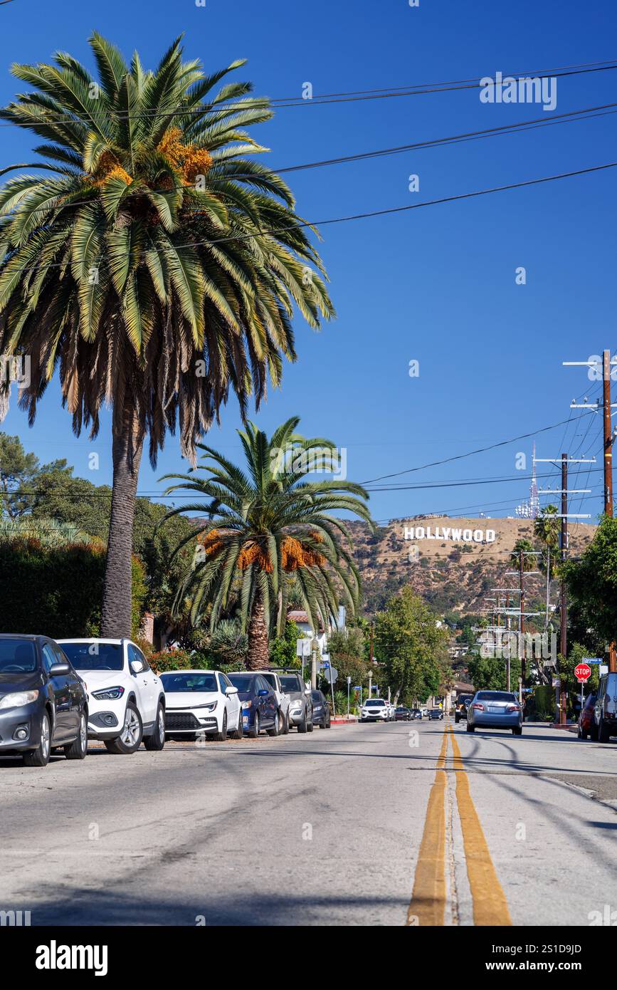 Iconic Los Angeles road stretching toward the Hollywood Hills, with the ...