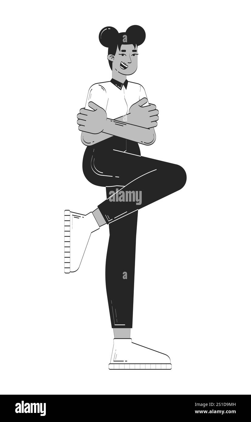 Smiling black woman arms crossed with one leg against wall doodle ...