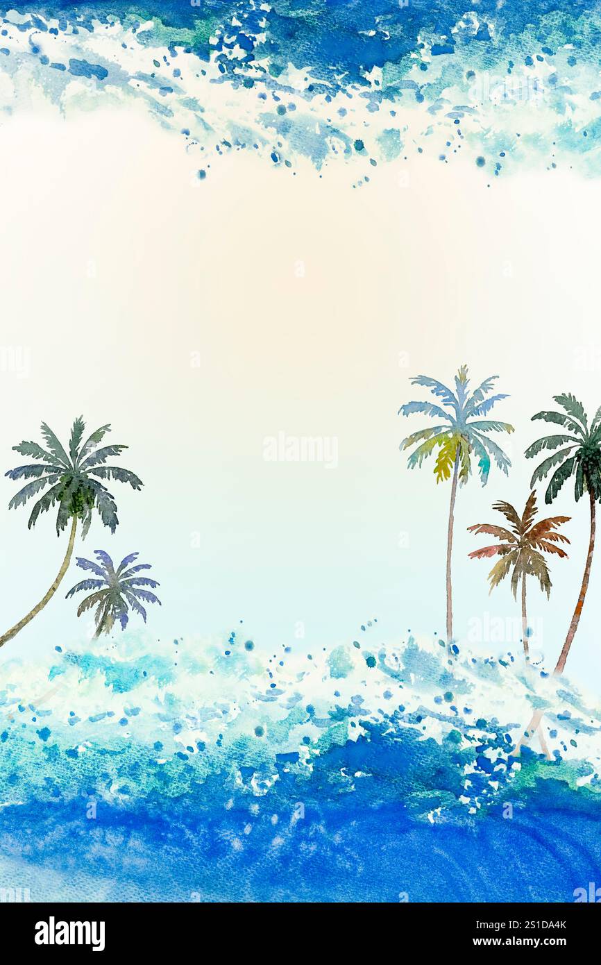 Watercolor painting background big sea wave of storm waves, blue color ...