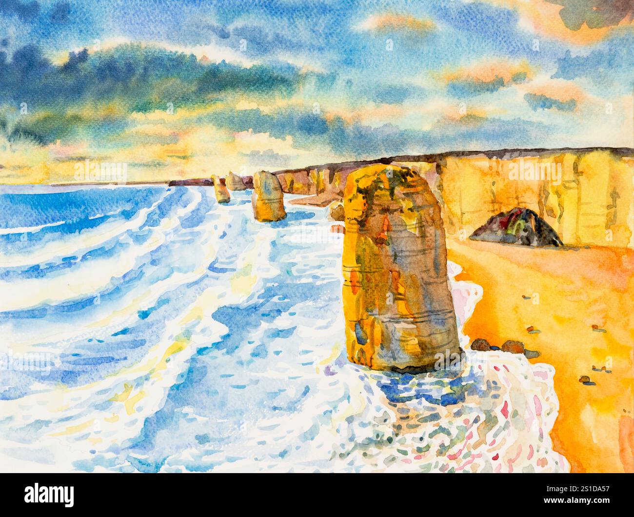 Watercolor painting on paper early morning on the ocean coast. The ...